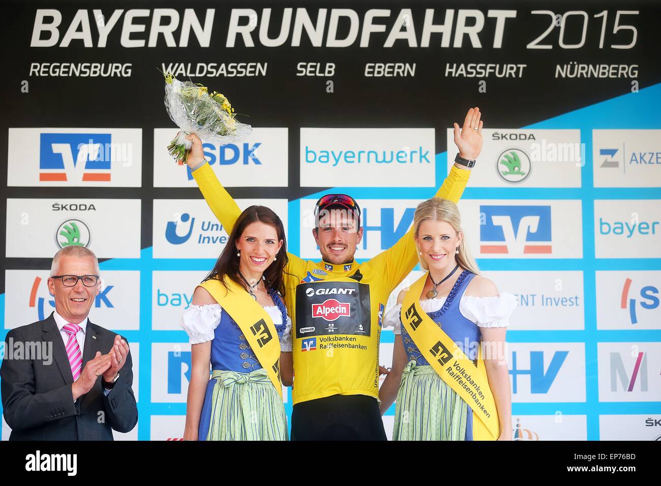 Seib, Germany. 14th May, 2015. John Degenkolb wearing the yellow jersey ...