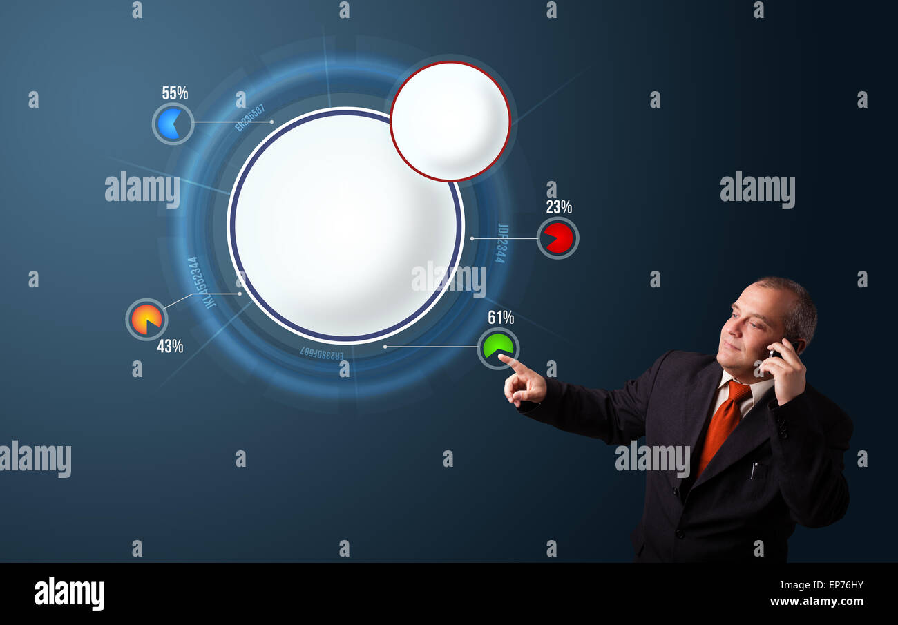 Businessman making phone call and presenting abstract modern pie chart ...