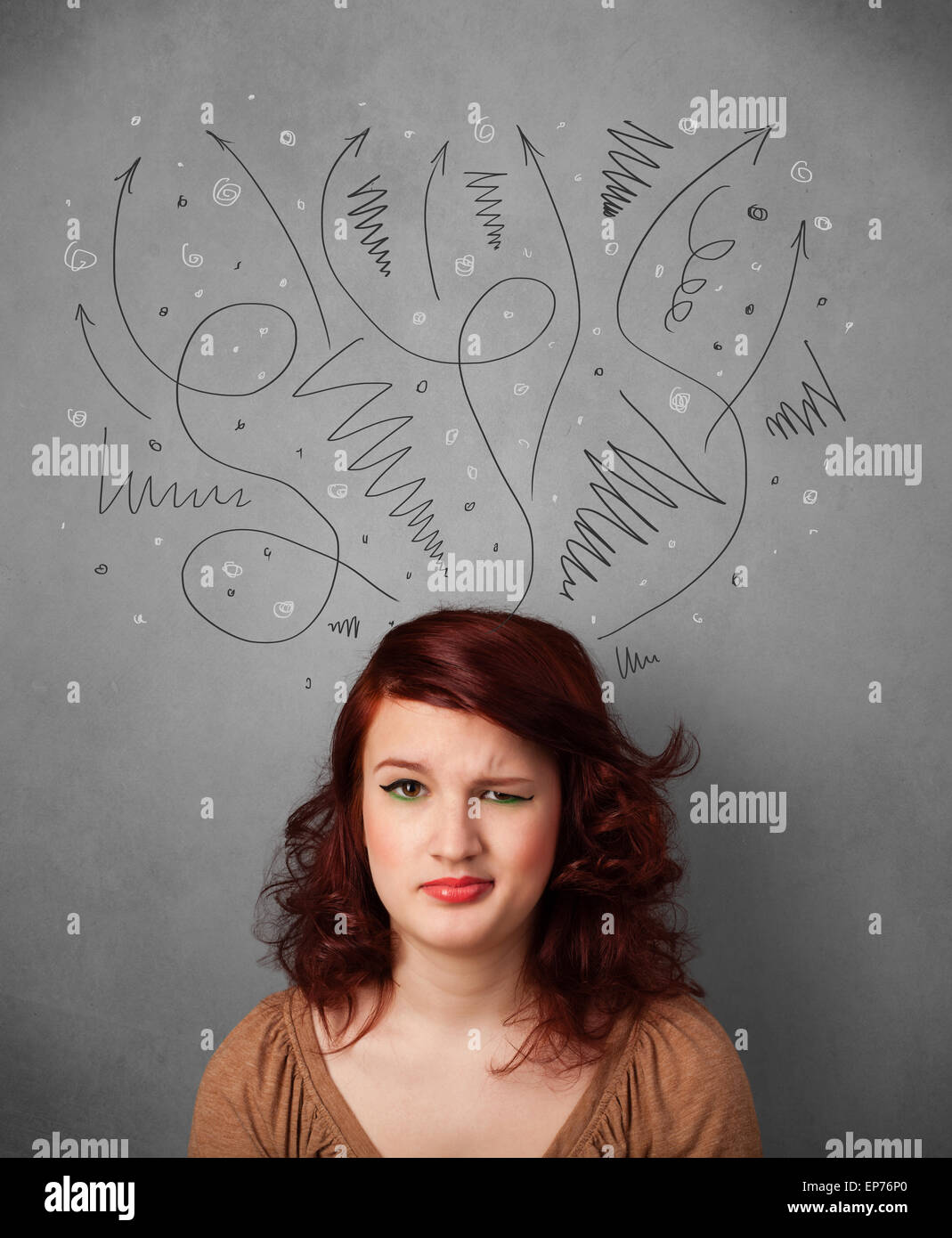 Young woman thinking with arrows over her head Stock Photo - Alamy
