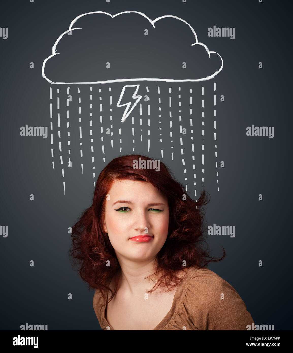 Young woman with thundercloud above her head Stock Photo - Alamy