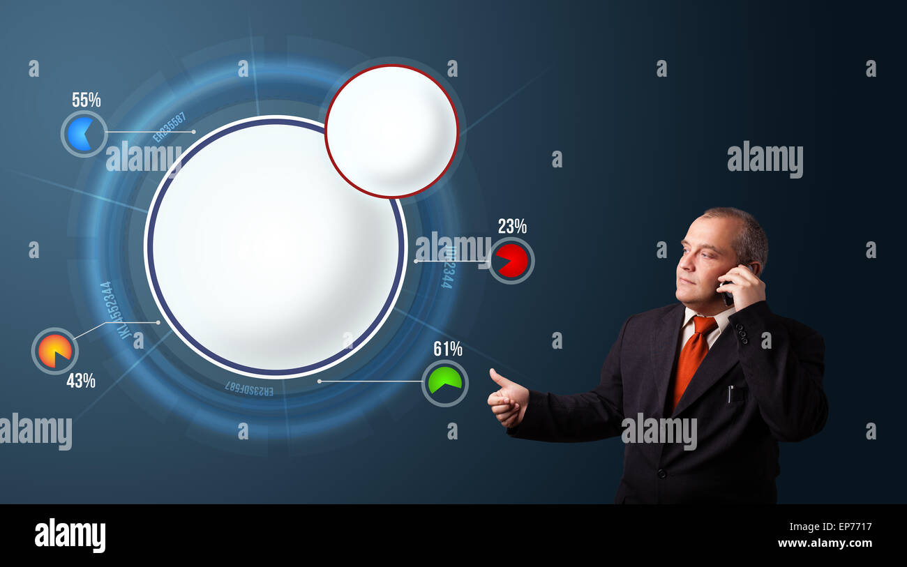 Businessman making phone call and presenting abstract modern pie chart ...