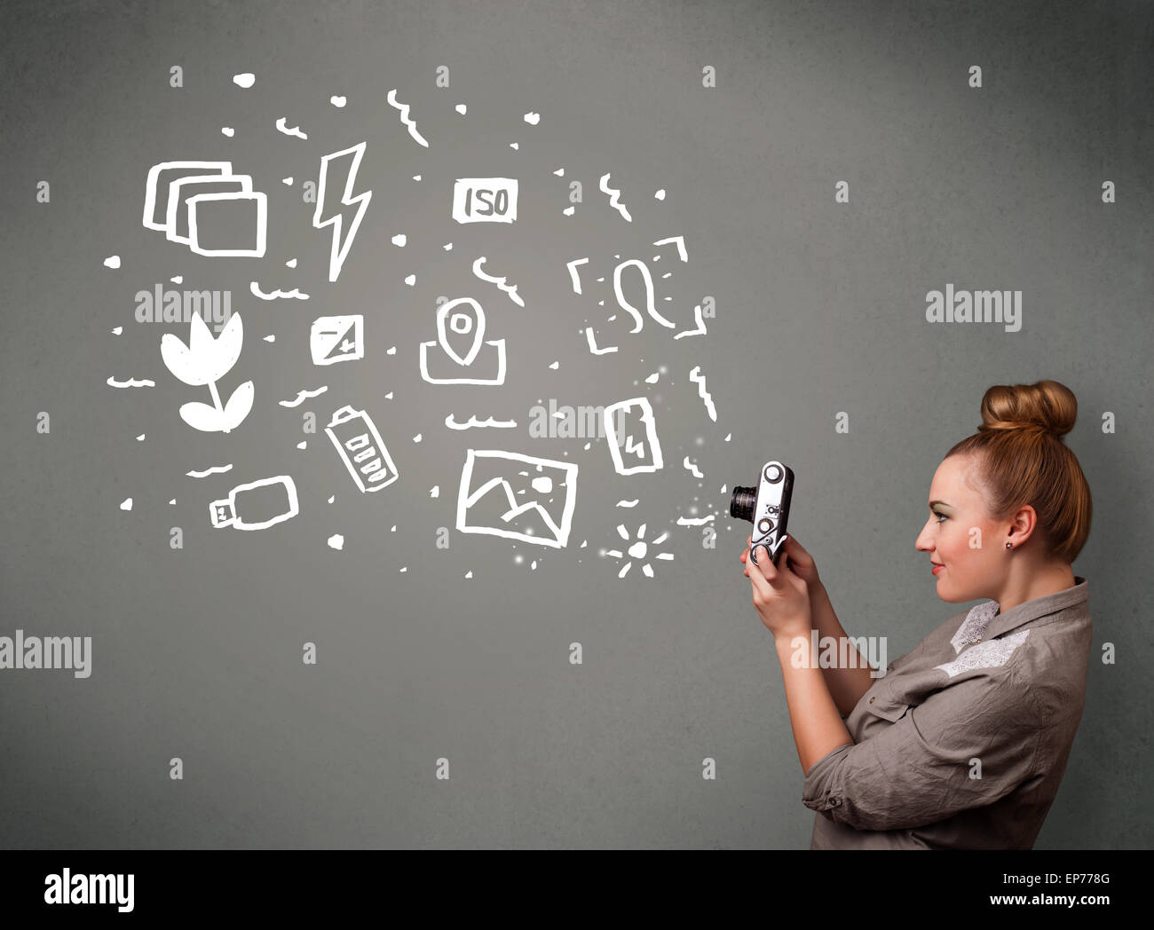 Photographer girl capturing white photography icons and symbols Stock ...