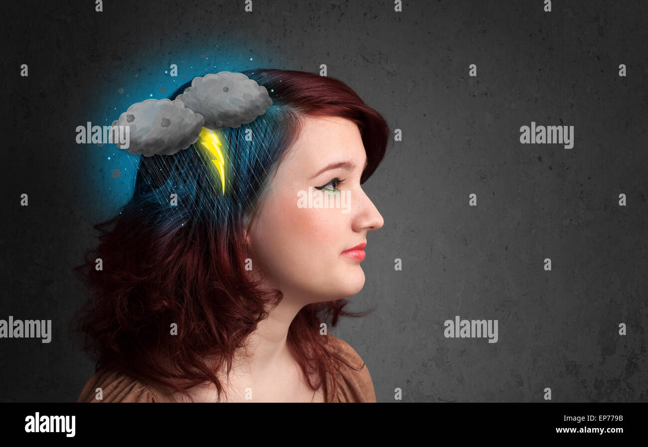 Young girl with thunderstorm lightning headache Stock Photo - Alamy