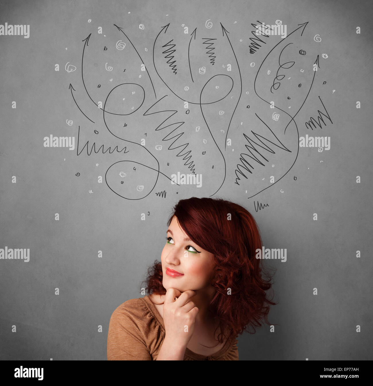 Young woman thinking with arrows over her head Stock Photo - Alamy