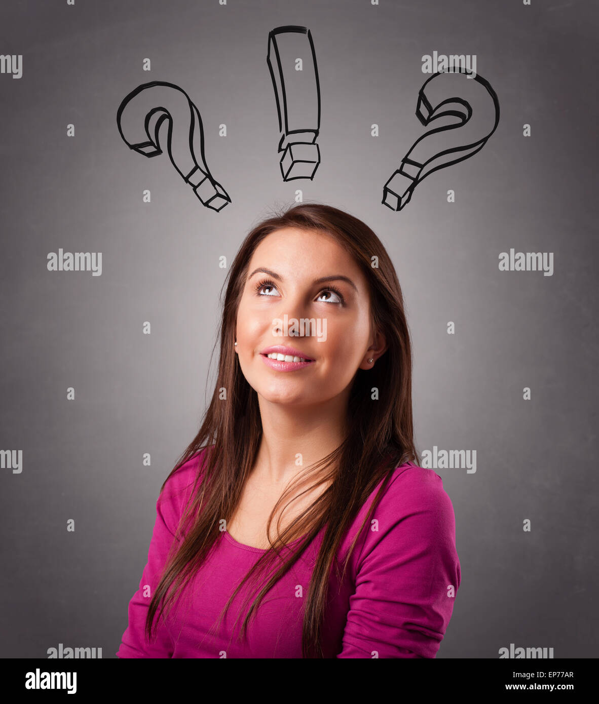 Young lady thinking with question marks overhead Stock Photo - Alamy