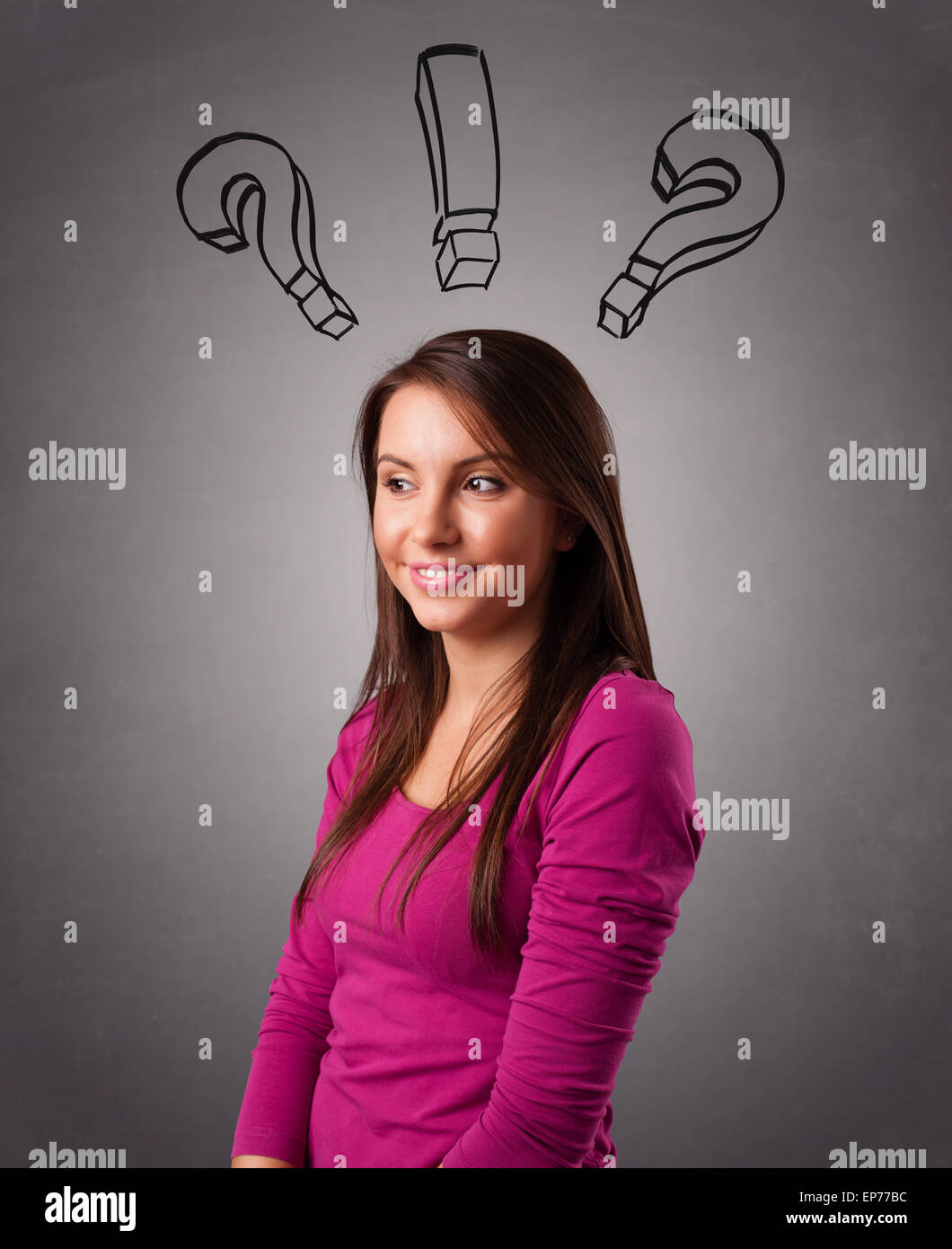 Young lady thinking with question marks overhead Stock Photo - Alamy