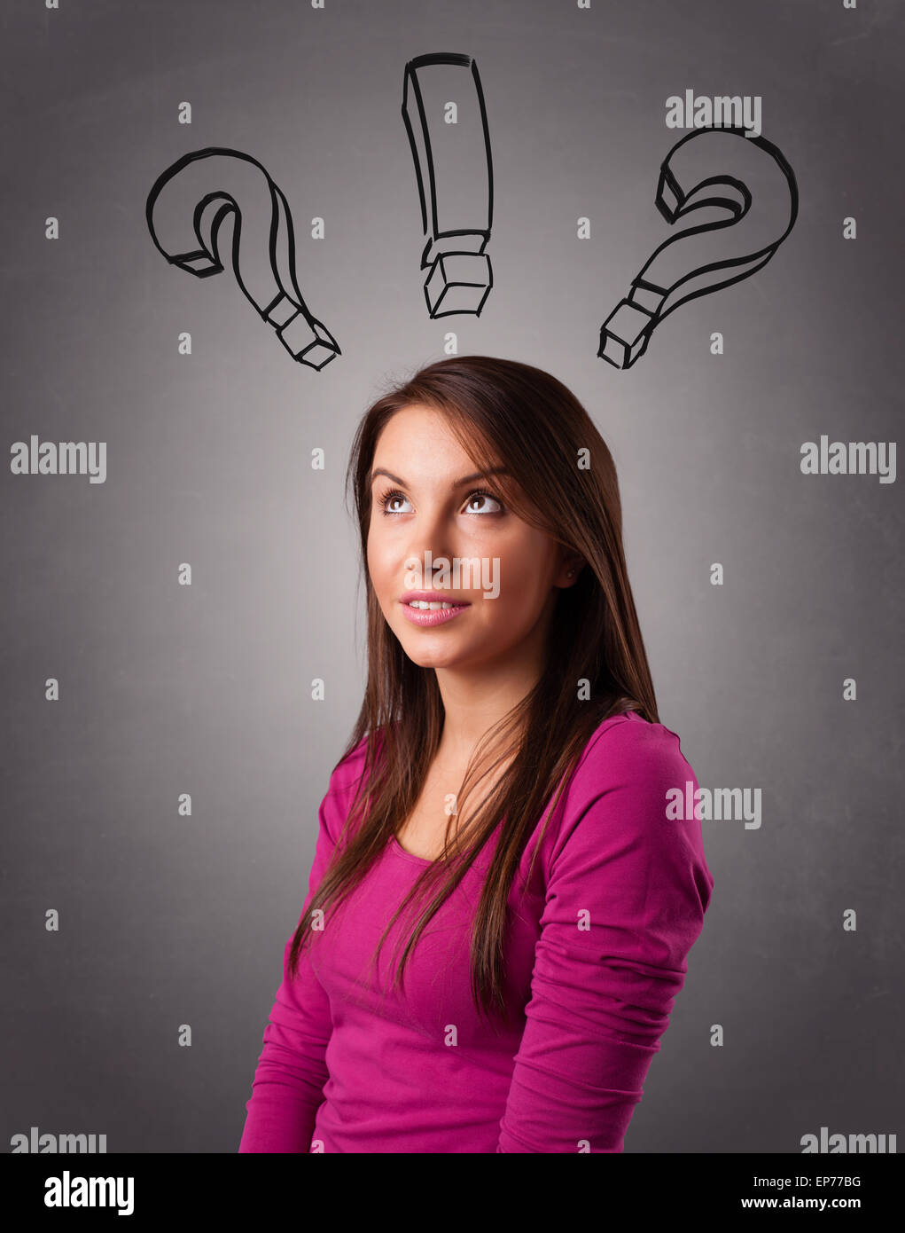Young lady thinking with question marks overhead Stock Photo - Alamy
