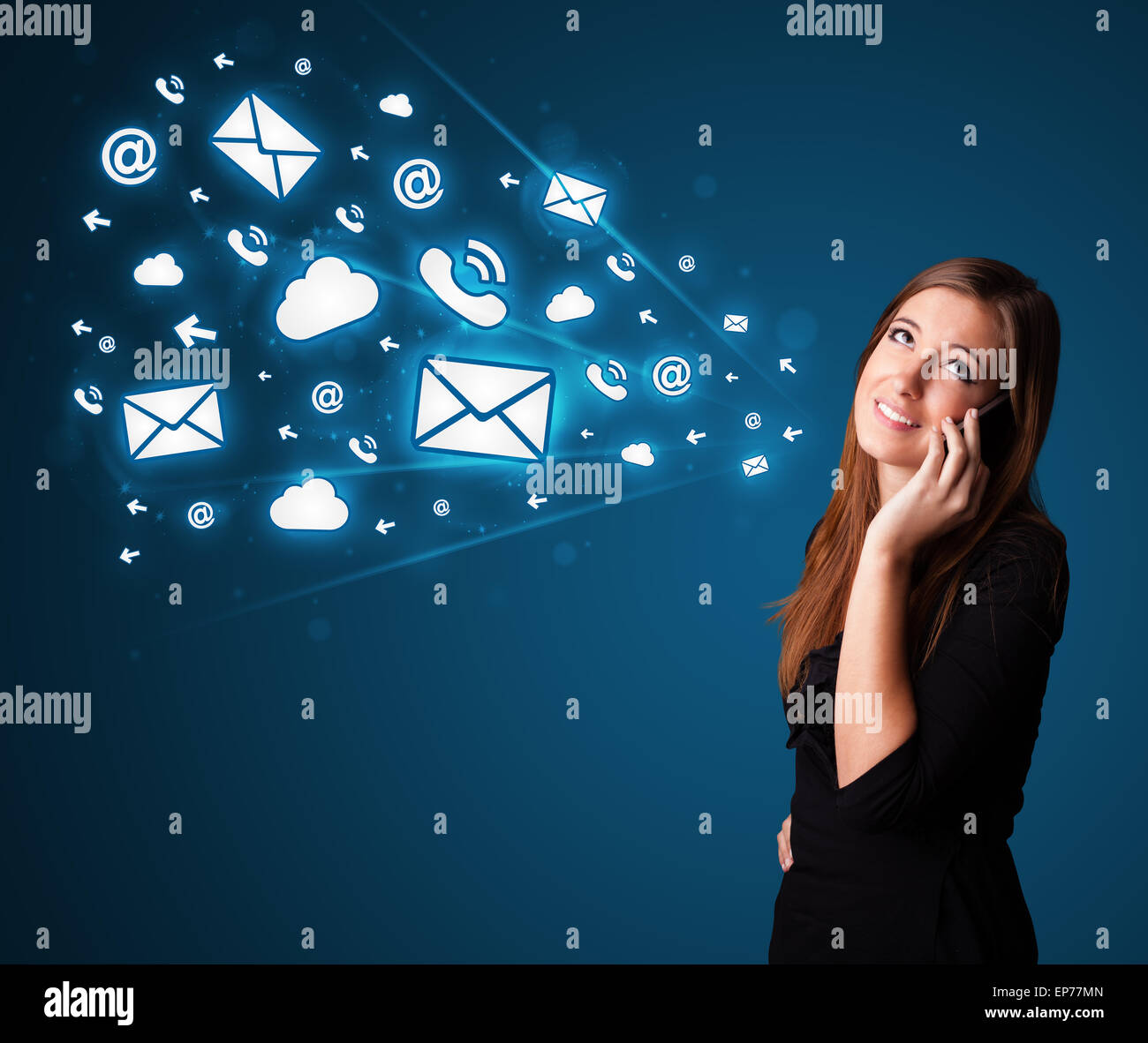 Young lady making phone call with message icons Stock Photo - Alamy