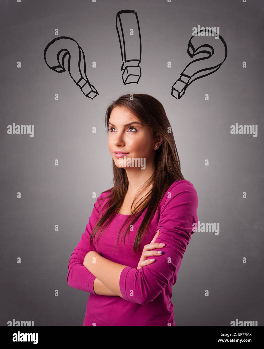 Young lady thinking with question marks overhead Stock Photo - Alamy