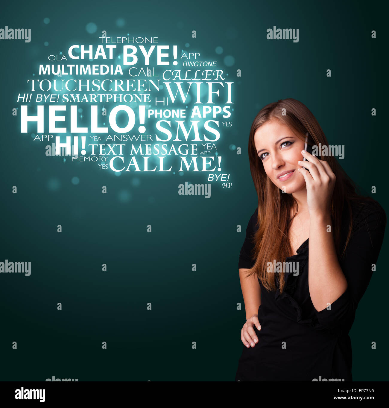 Young girl calling by phone with word cloud Stock Photo - Alamy