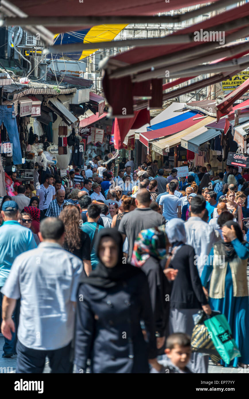 A bustling crowded shopping street near the Grand Bazaar in Istanbul ...