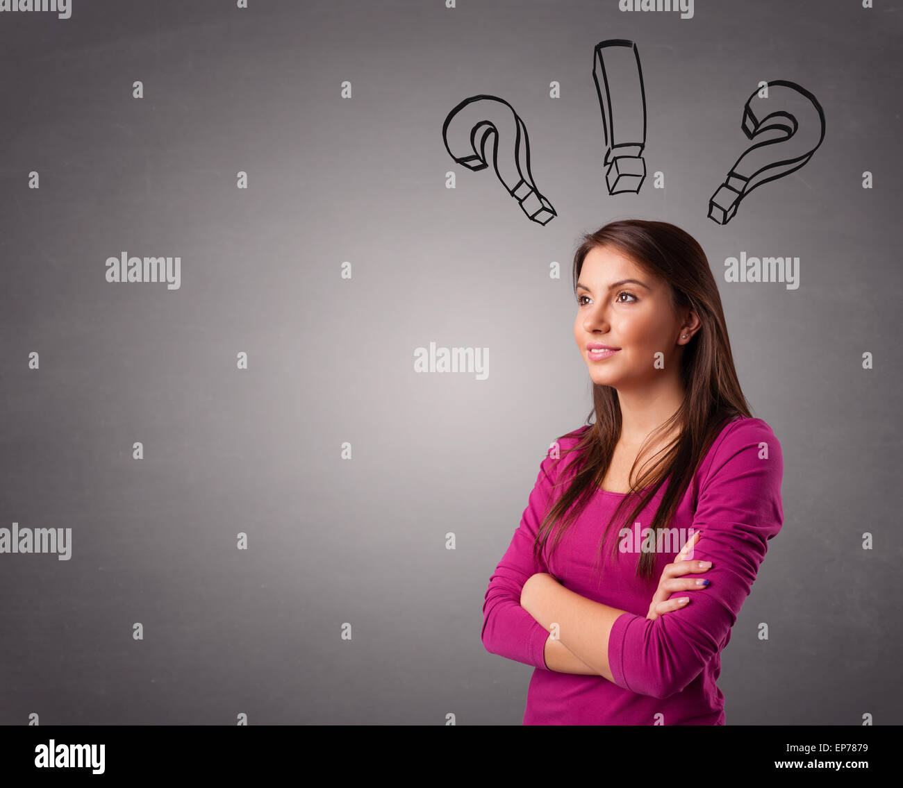 Young lady thinking with question marks overhead Stock Photo - Alamy