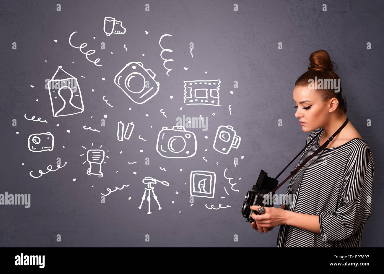 Photographer girl shooting photography icons Stock Photo - Alamy