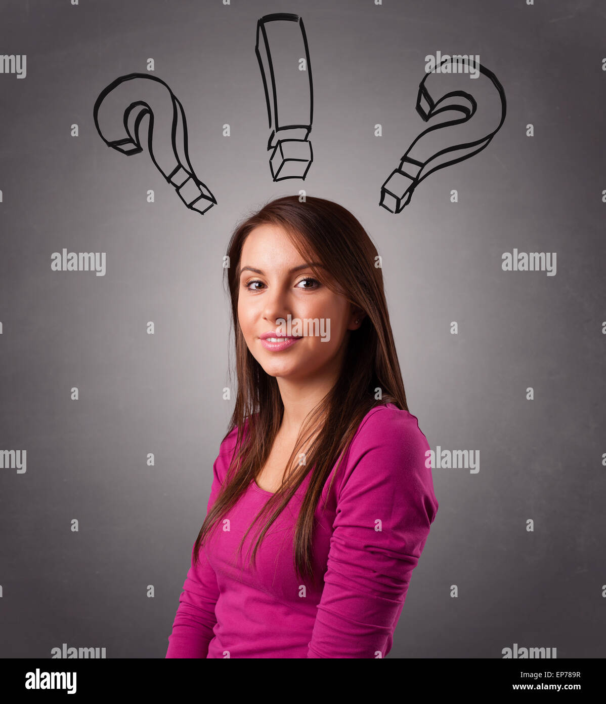 Young lady thinking with question marks overhead Stock Photo - Alamy