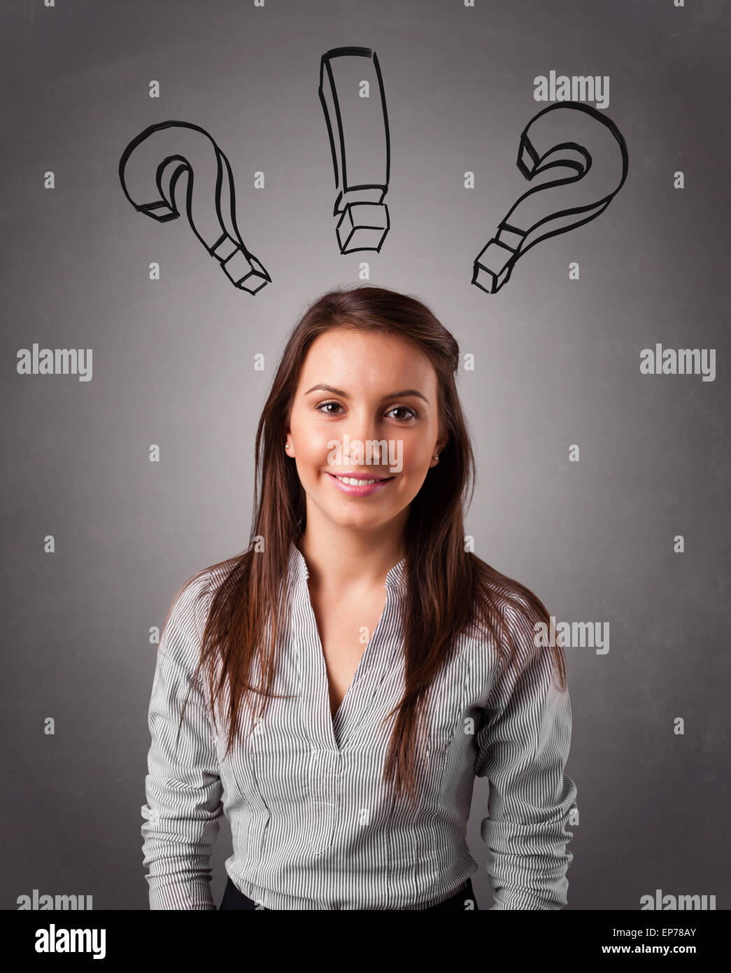 Young lady thinking with question marks overhead Stock Photo - Alamy