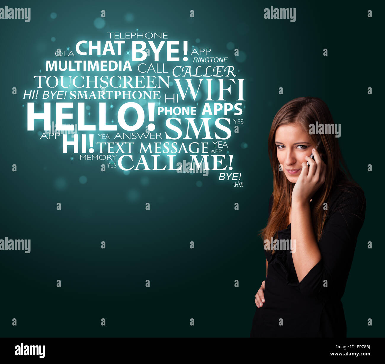 Young girl calling by phone with word cloud Stock Photo - Alamy