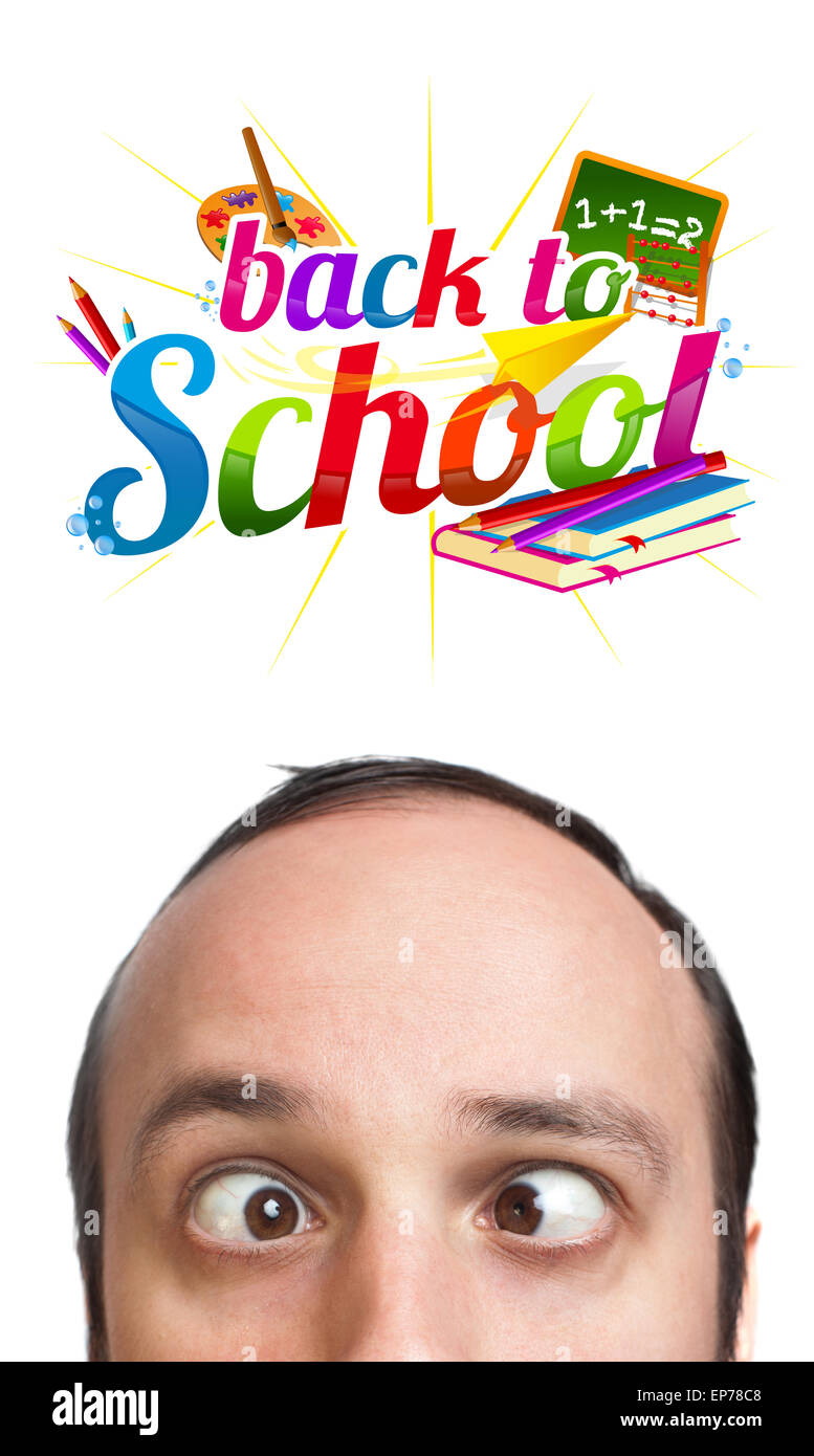 Young man with BACK TO SCHOOL sign over his head Stock Photo - Alamy