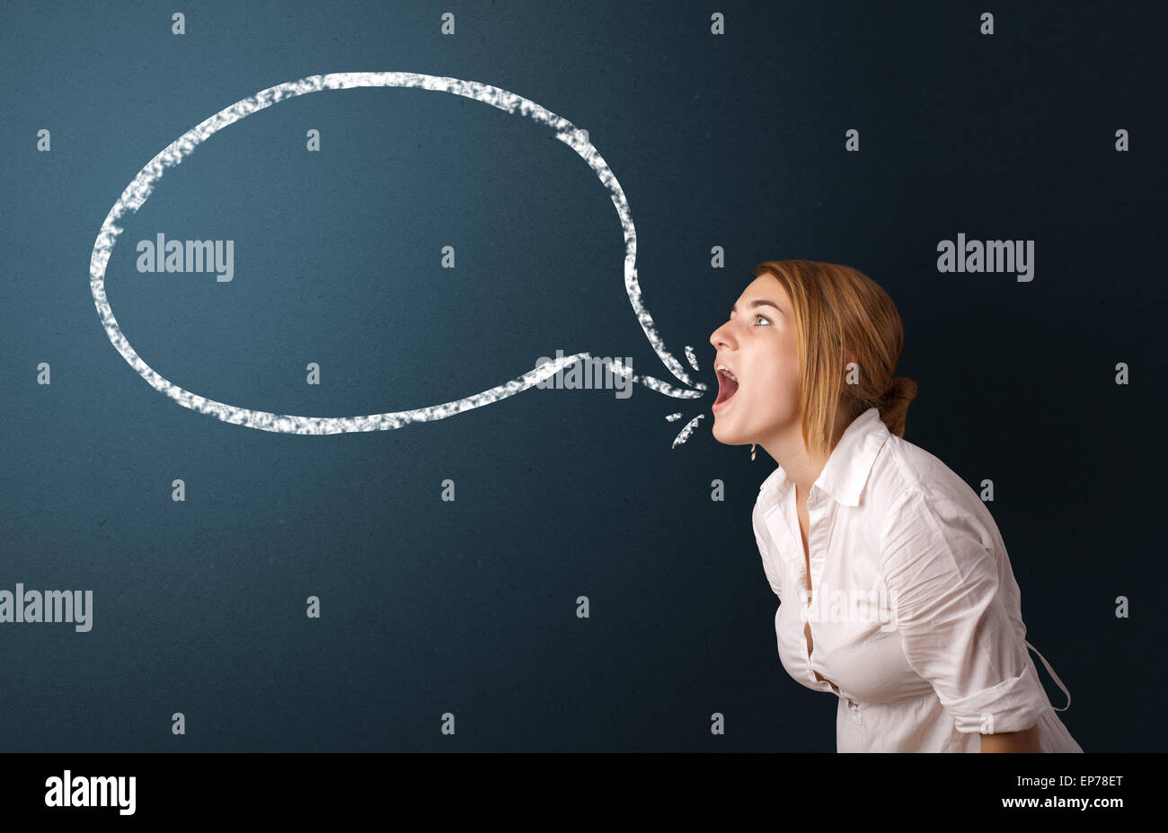 Young woman with modern speech bubble Stock Photo - Alamy