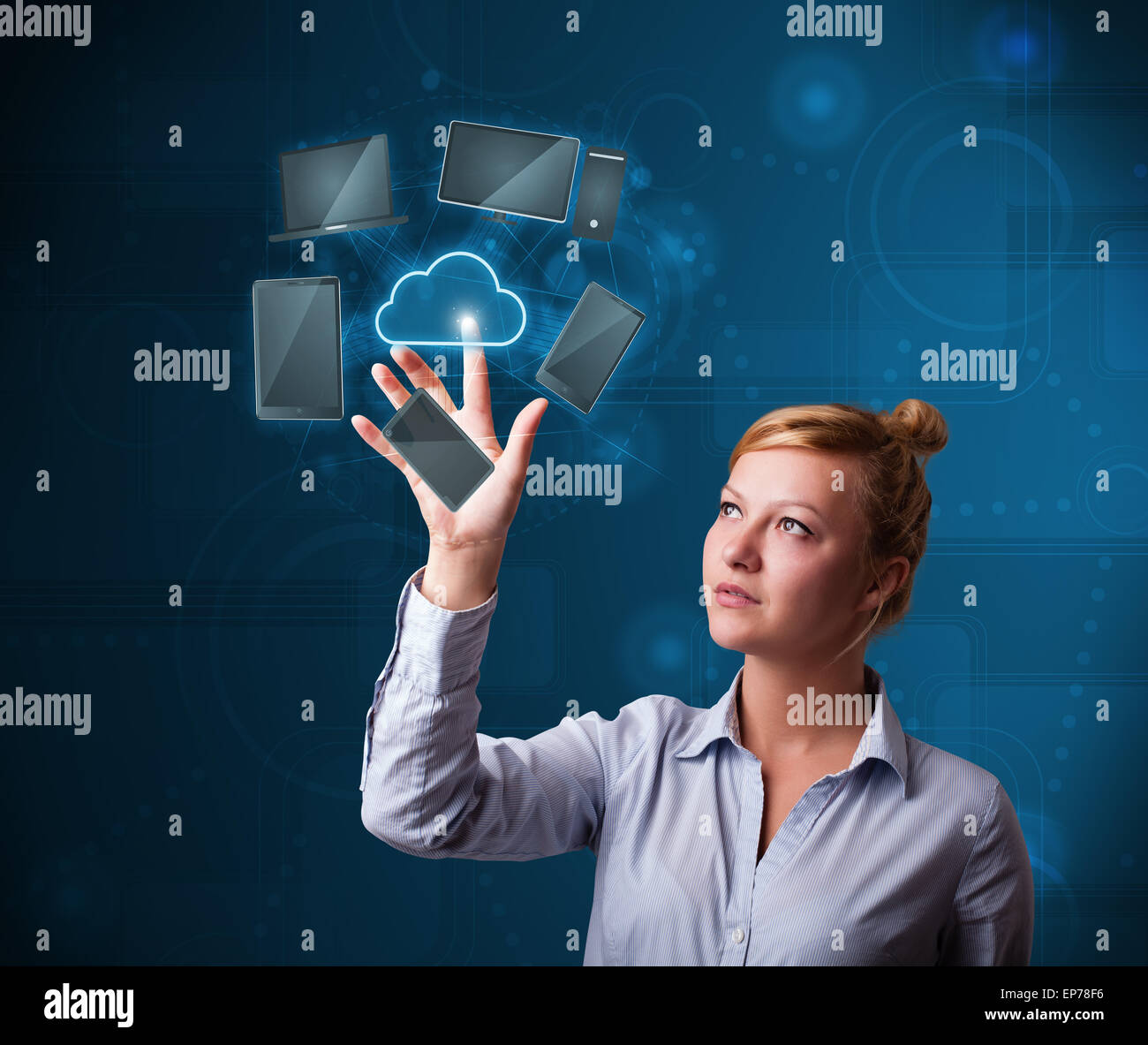 Pretty businesswoman touchning high technology cloud service Stock ...