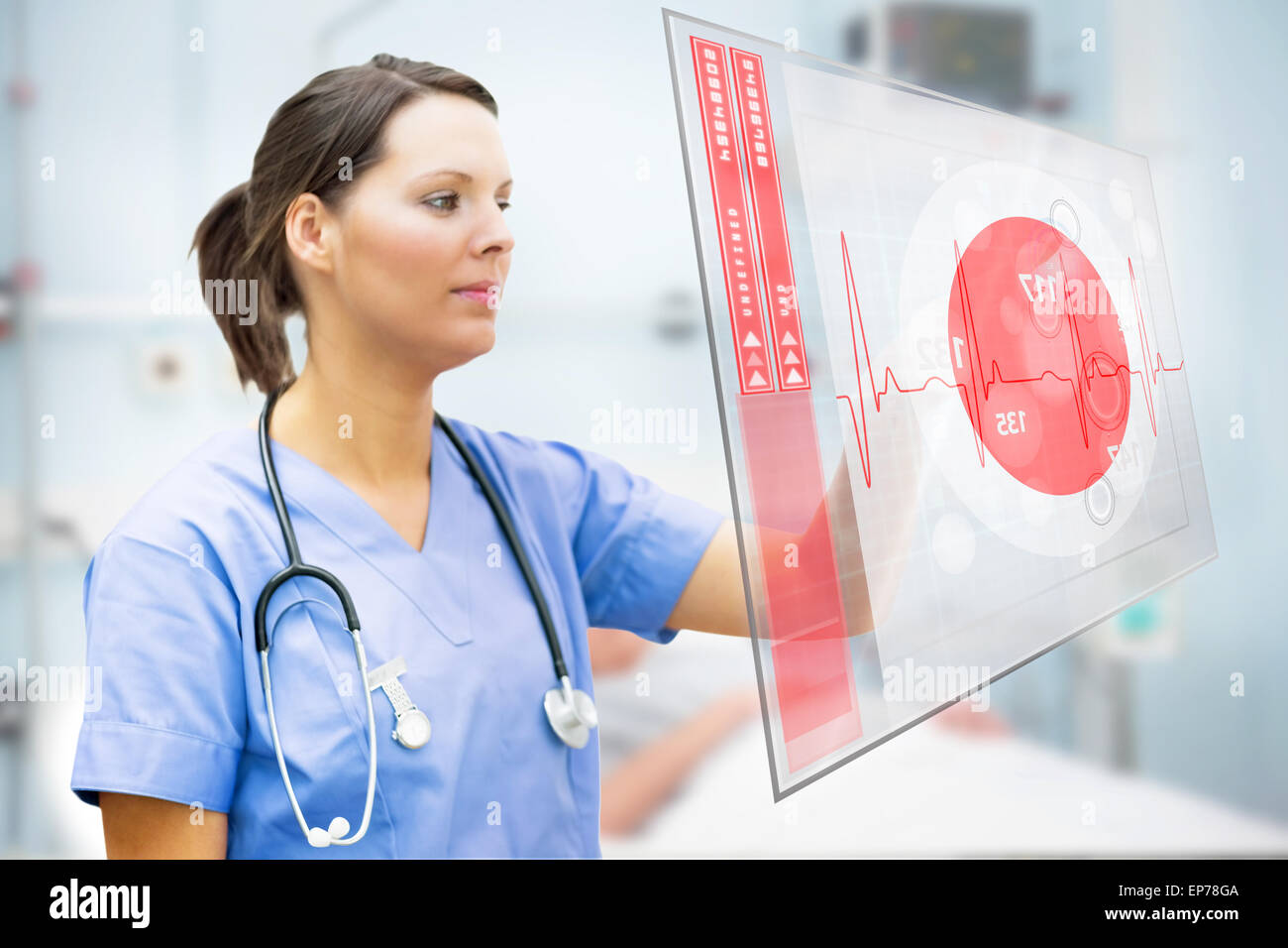 Nurse touching screen displaying red ECG line Stock Photo - Alamy