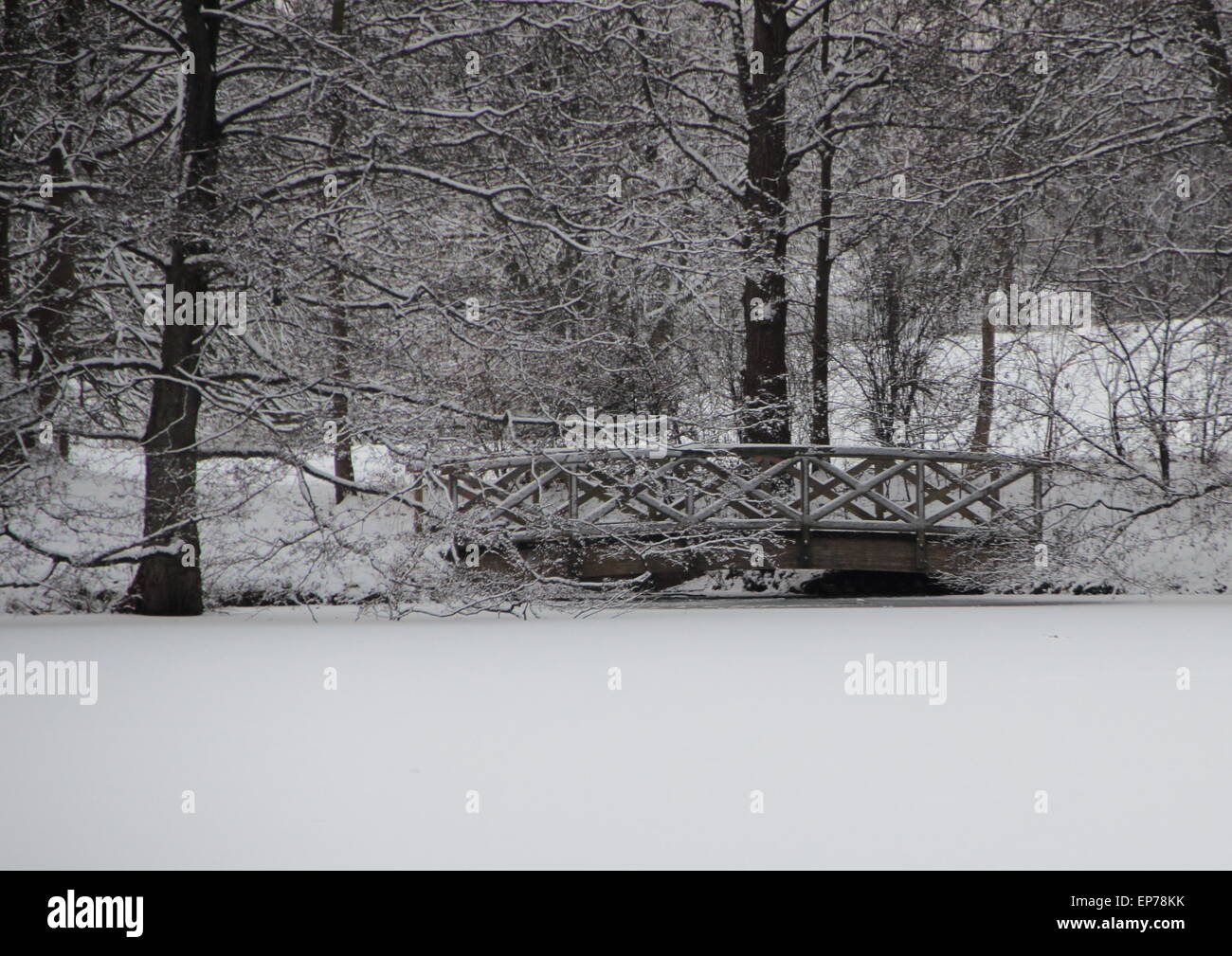 Wooden bridge in white winter landscape at frozen lake Stock Photo - Alamy
