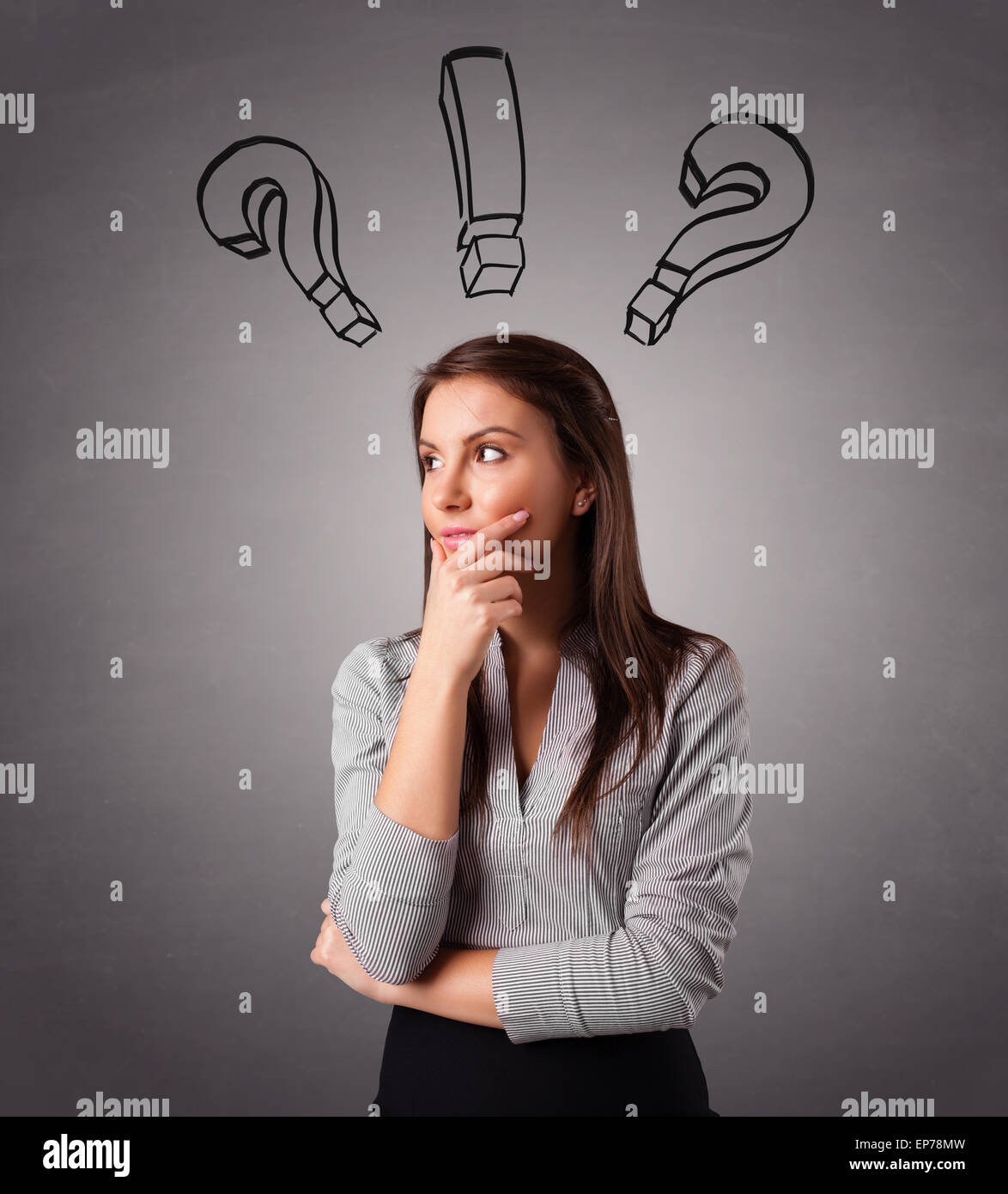 Young lady thinking with question marks overhead Stock Photo - Alamy