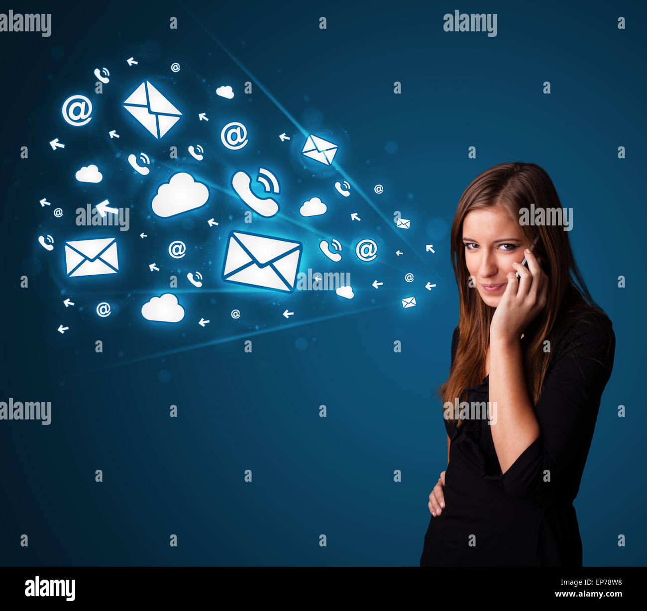 Young lady making phone call with message icons Stock Photo - Alamy
