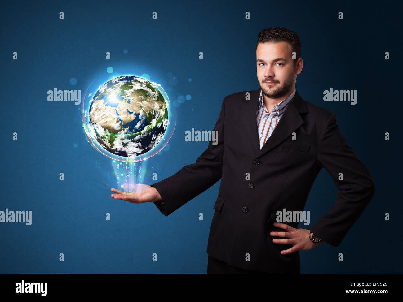 Businessman Holding Glowing Earth Globe Stock Photo Alamy