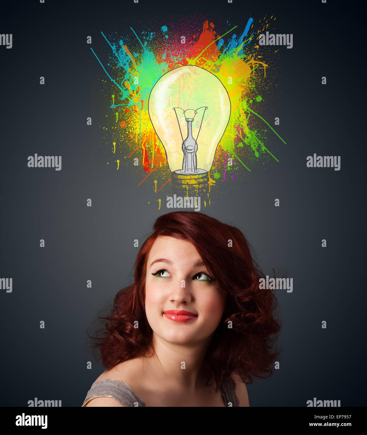 Young woman thinking with lightbulb above her head Stock Photo - Alamy
