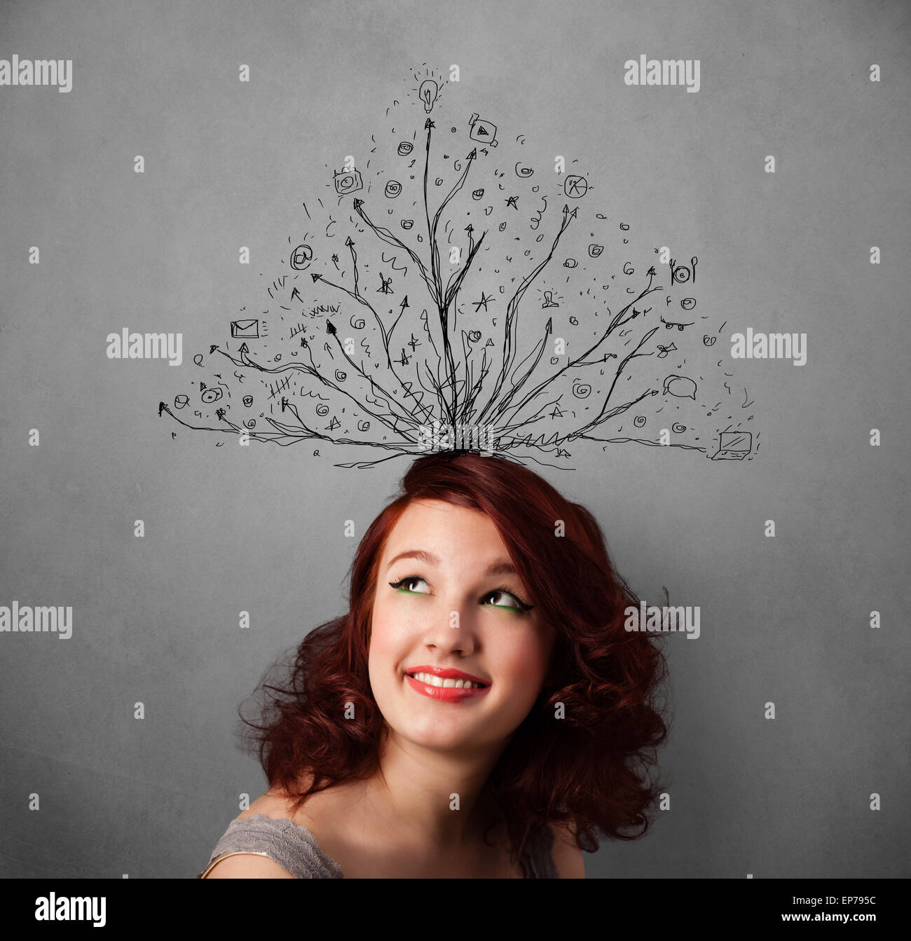 Young woman with tangled lines coming out of her head Stock Photo - Alamy