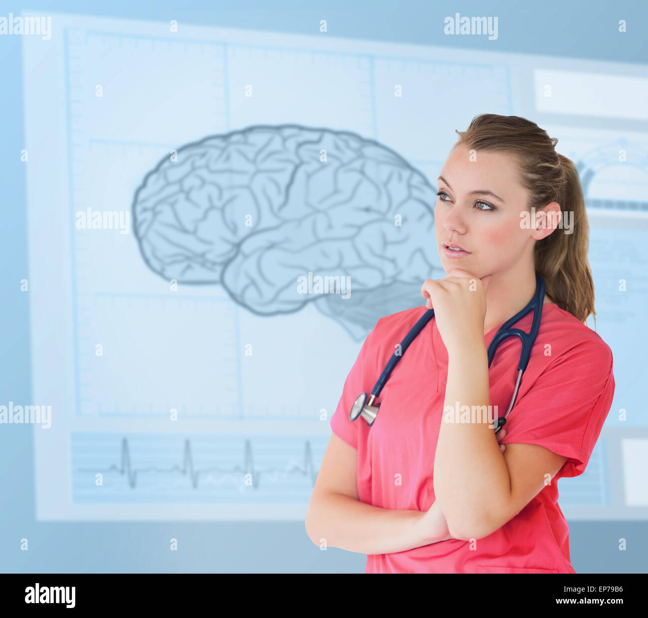 Nurse thinking in front of a futuristic interface Stock Photo - Alamy