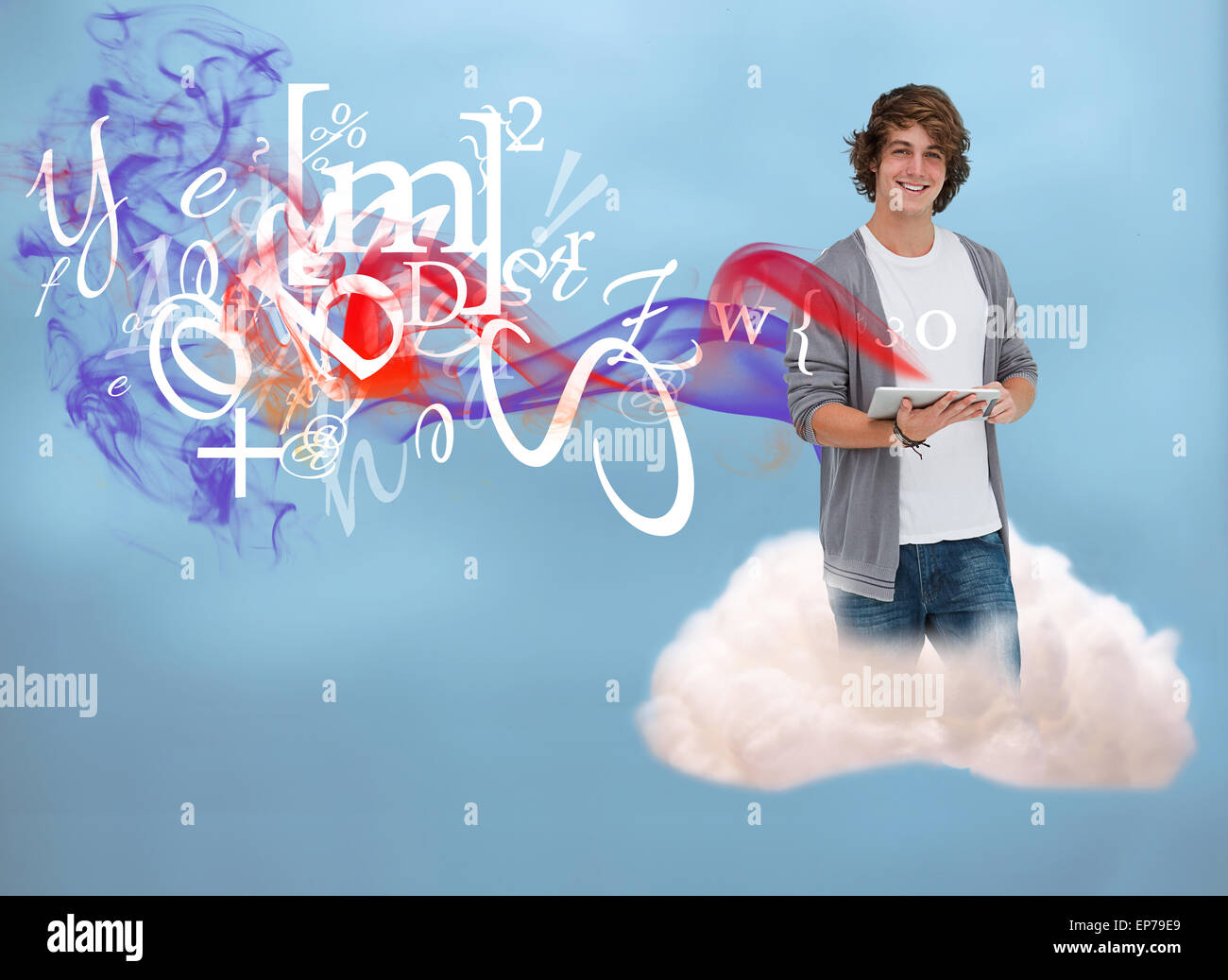 Casual young man using tablet to connect to cloud computing Stock Photo ...