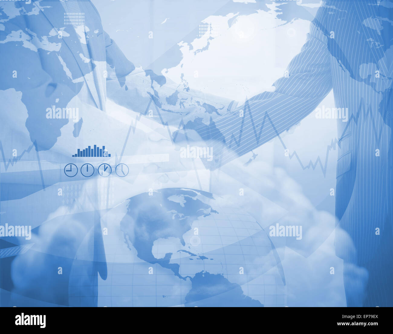 World map interface with graph line and handshake Stock Photo - Alamy