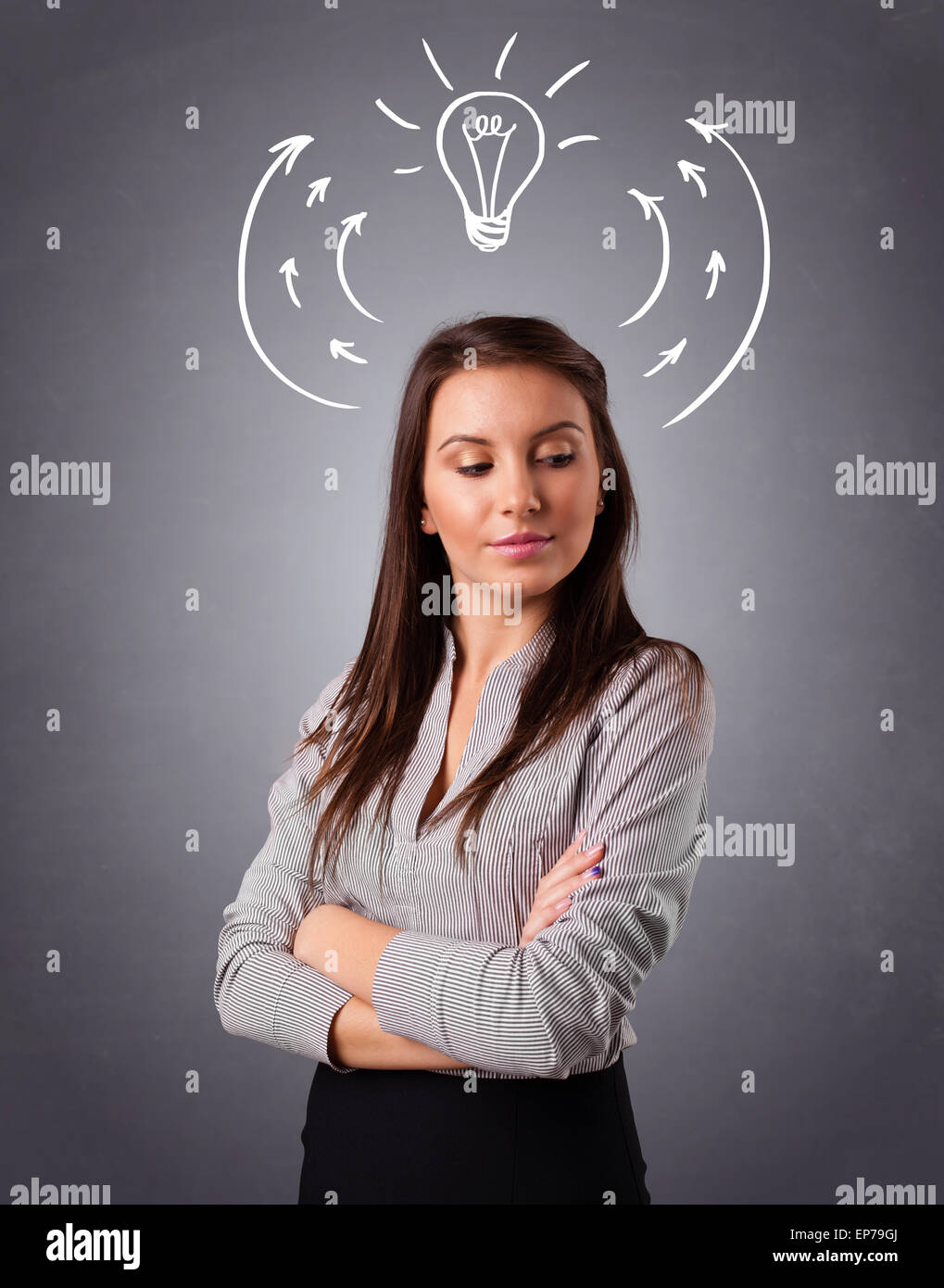 Pretty lady thinking with arrows and light bulb overhead Stock Photo ...