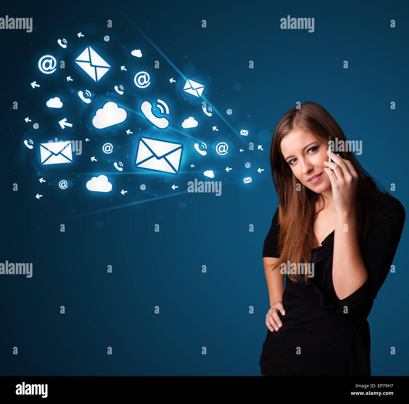 Young lady making phone call with message icons Stock Photo - Alamy