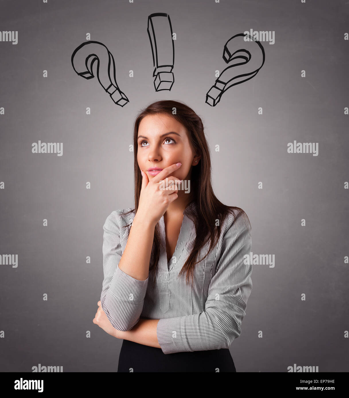 Young lady thinking with question marks overhead Stock Photo - Alamy
