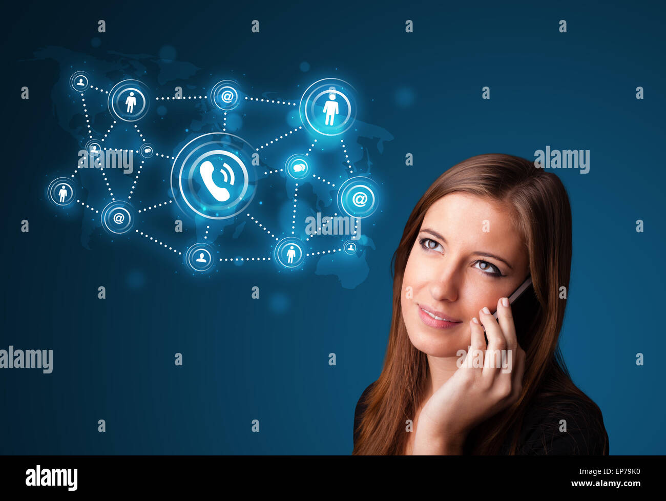 Pretty girl making phone call with social network icons Stock Photo - Alamy