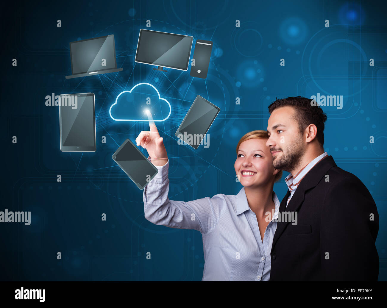 Couple press virtual screen button hi-res stock photography and images ...