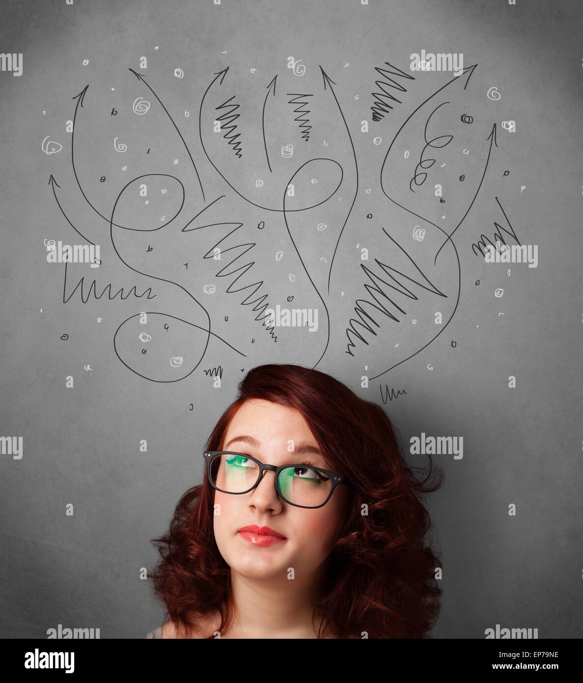 Young woman thinking with arrows over her head Stock Photo - Alamy