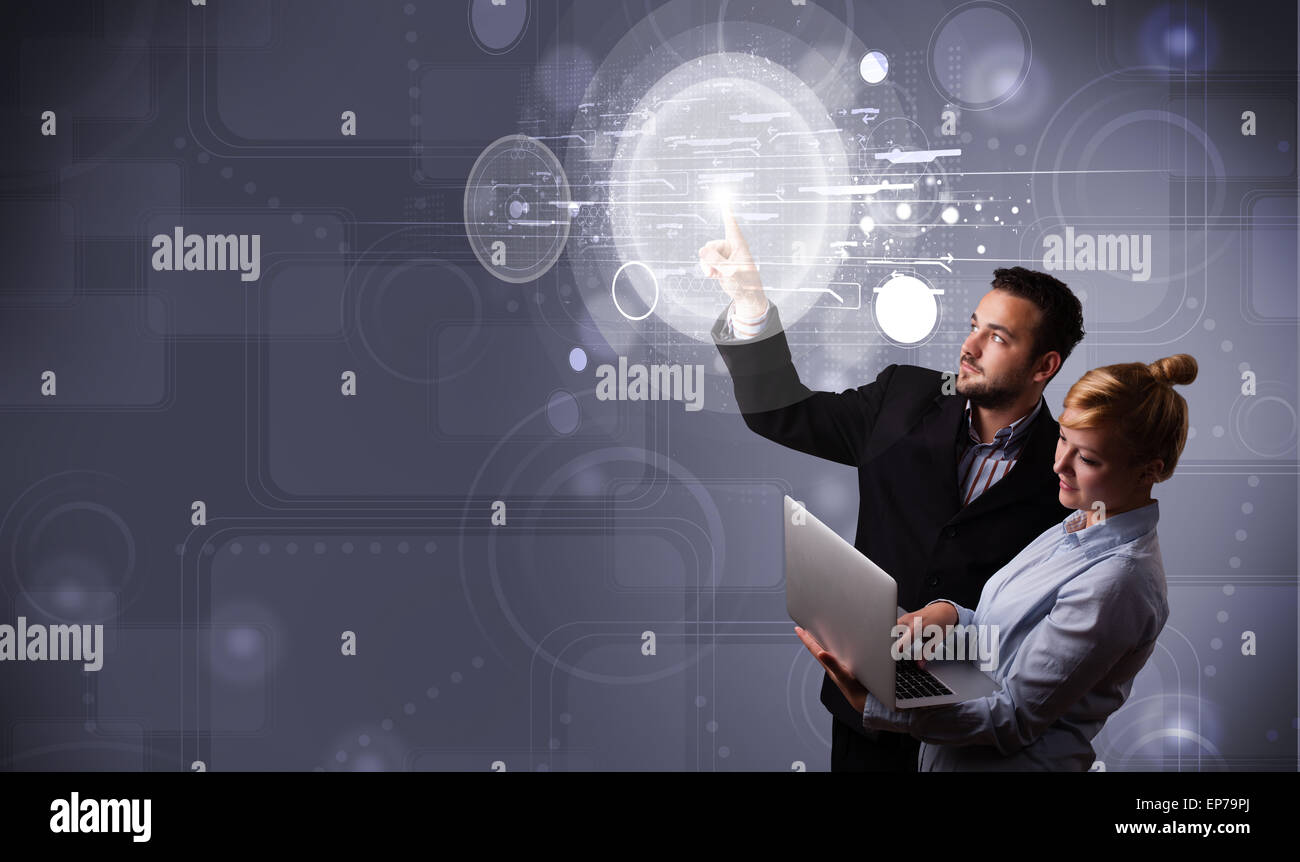 Couple press virtual screen button hi-res stock photography and images ...