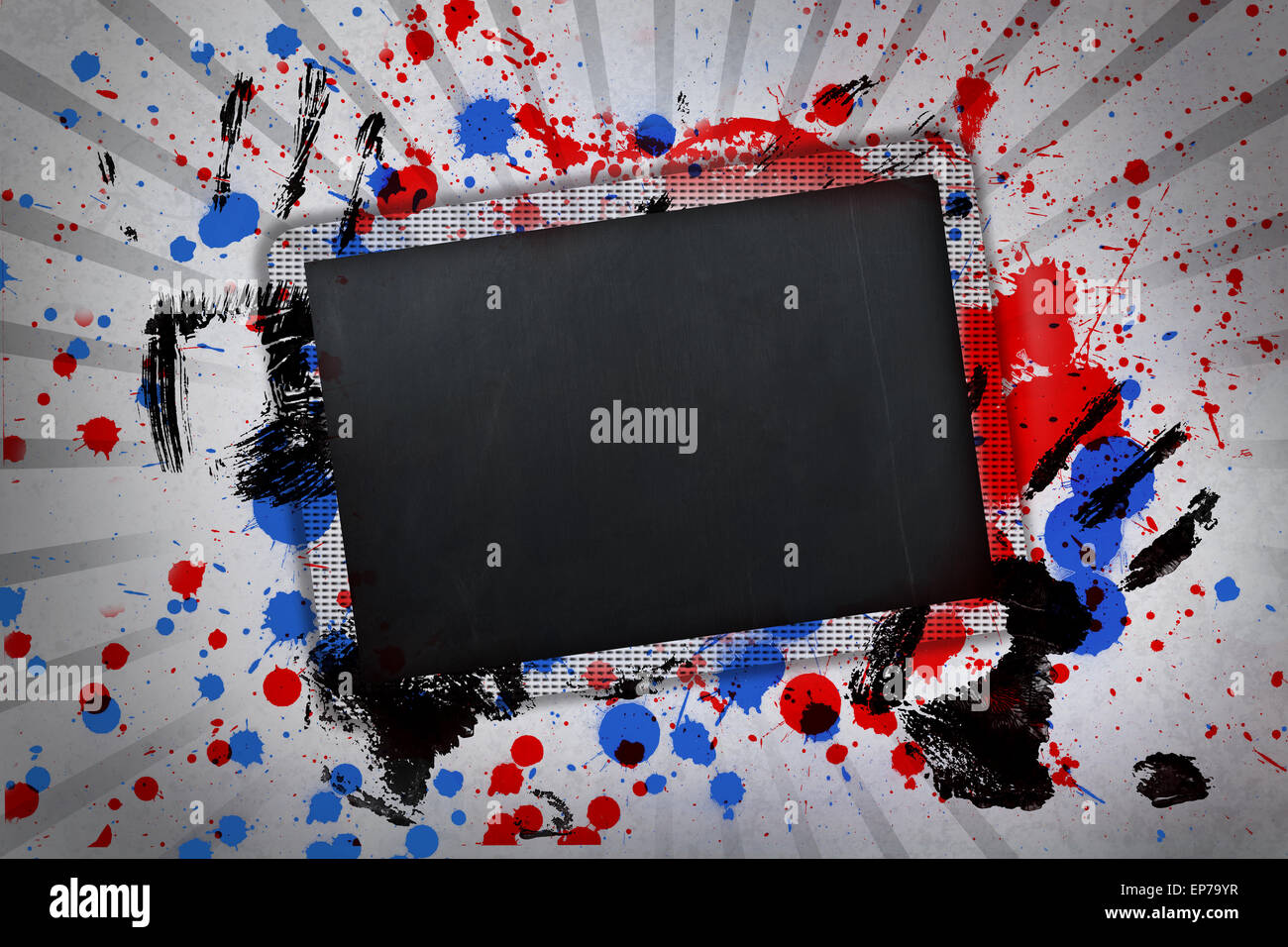 Black copy space with hand prints and paint splashes on linear pattern ...