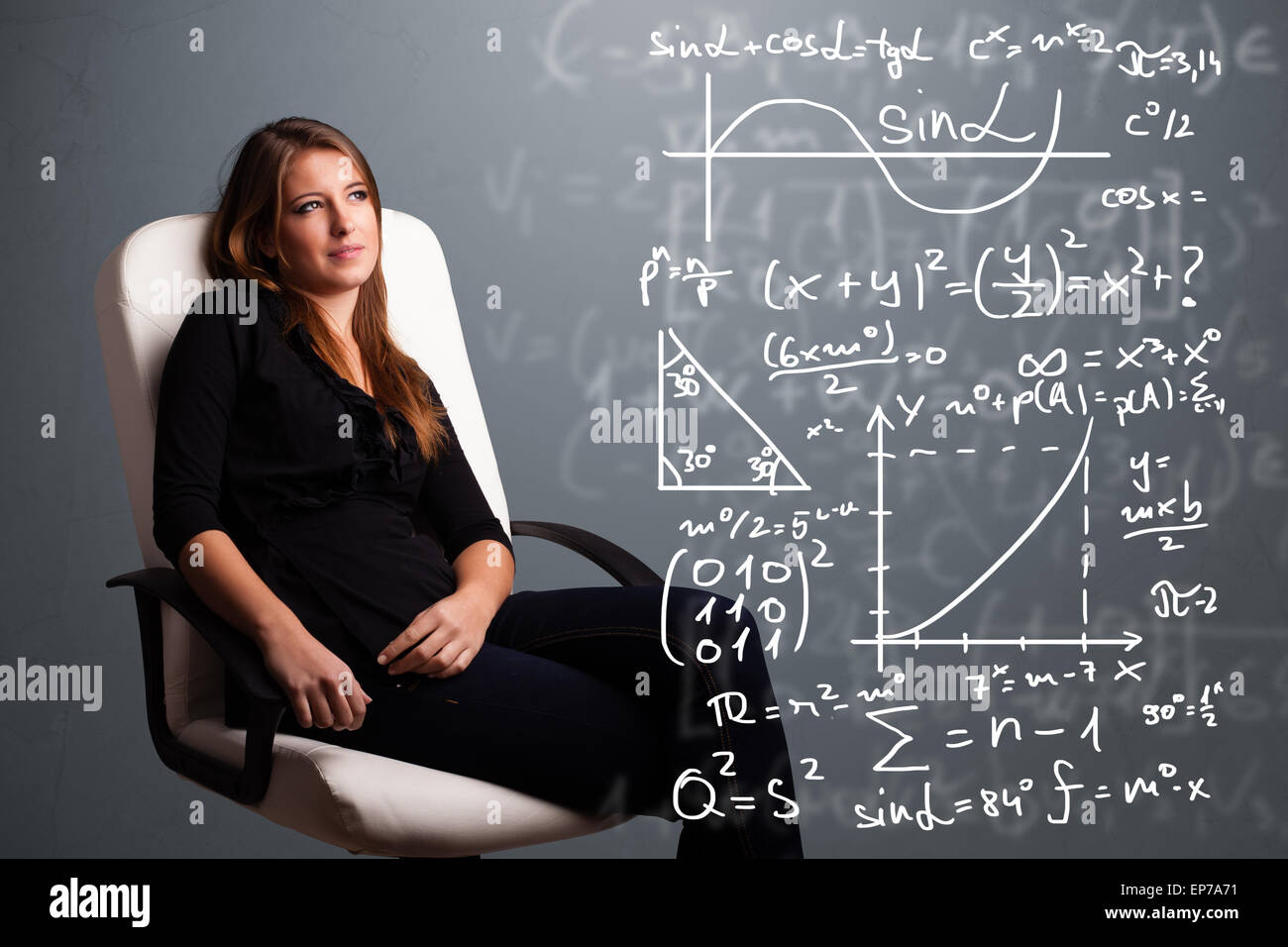 Beautiful school girl thinking about complex mathematical signs Stock ...