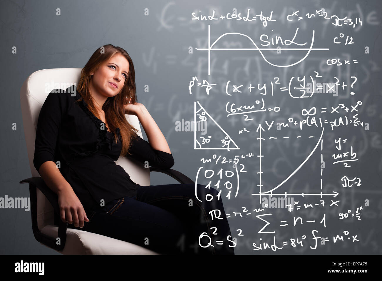 Beautiful school girl thinking about complex mathematical signs Stock ...