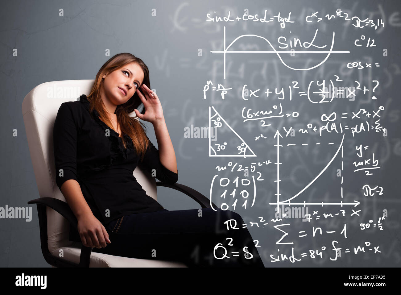 Beautiful school girl thinking about complex mathematical signs Stock ...