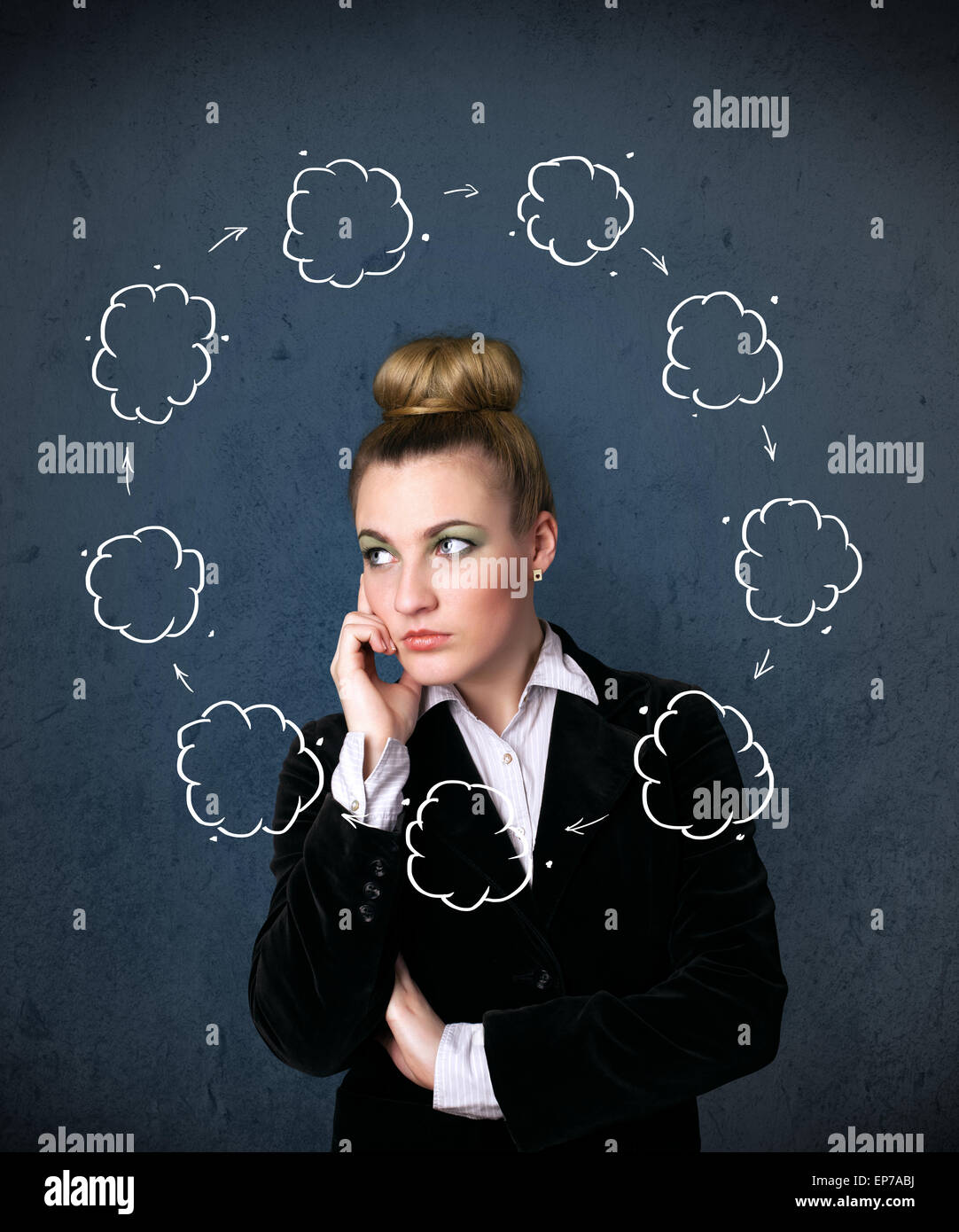 Young woman thinking with cloud circulation around her head Stock Photo ...