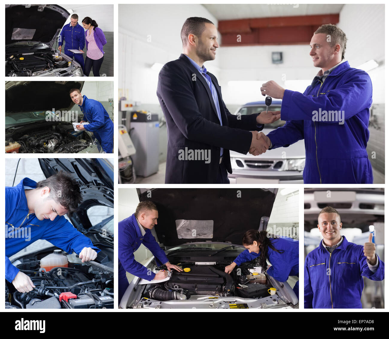 Collage of mechanics at work with happy customer Stock Photo - Alamy