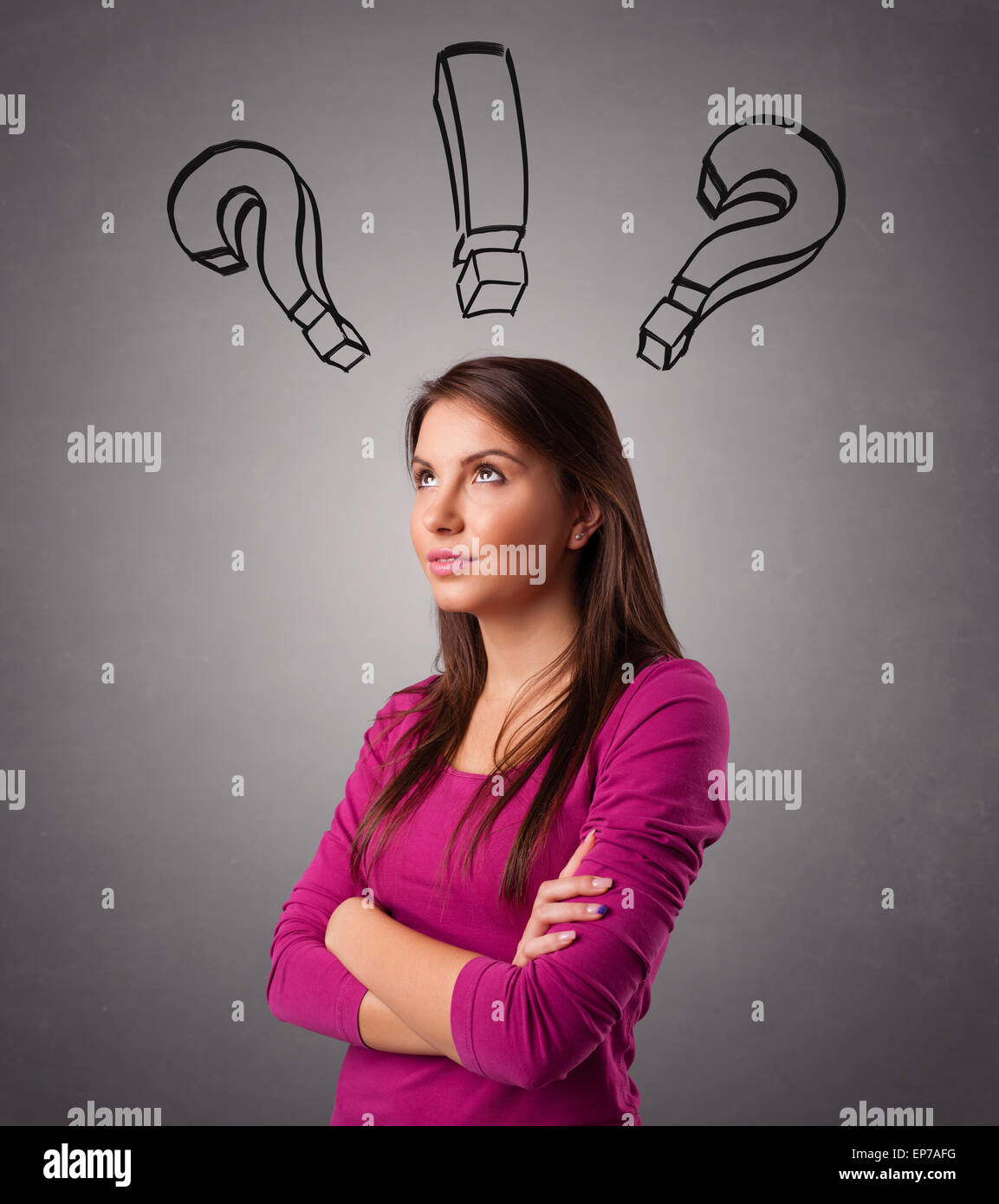Young lady thinking with question marks overhead Stock Photo - Alamy