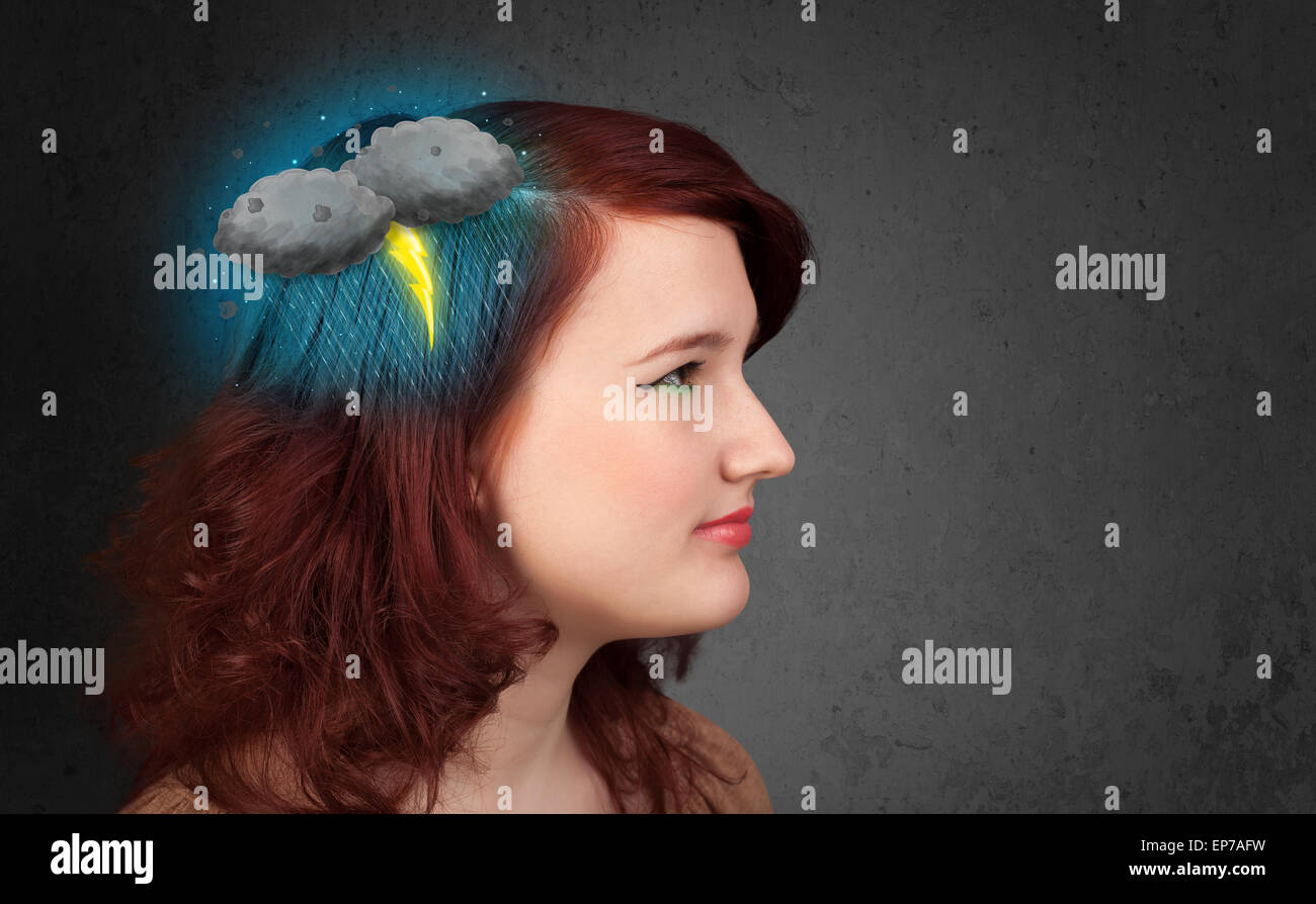 Young girl with thunderstorm lightning headache Stock Photo - Alamy