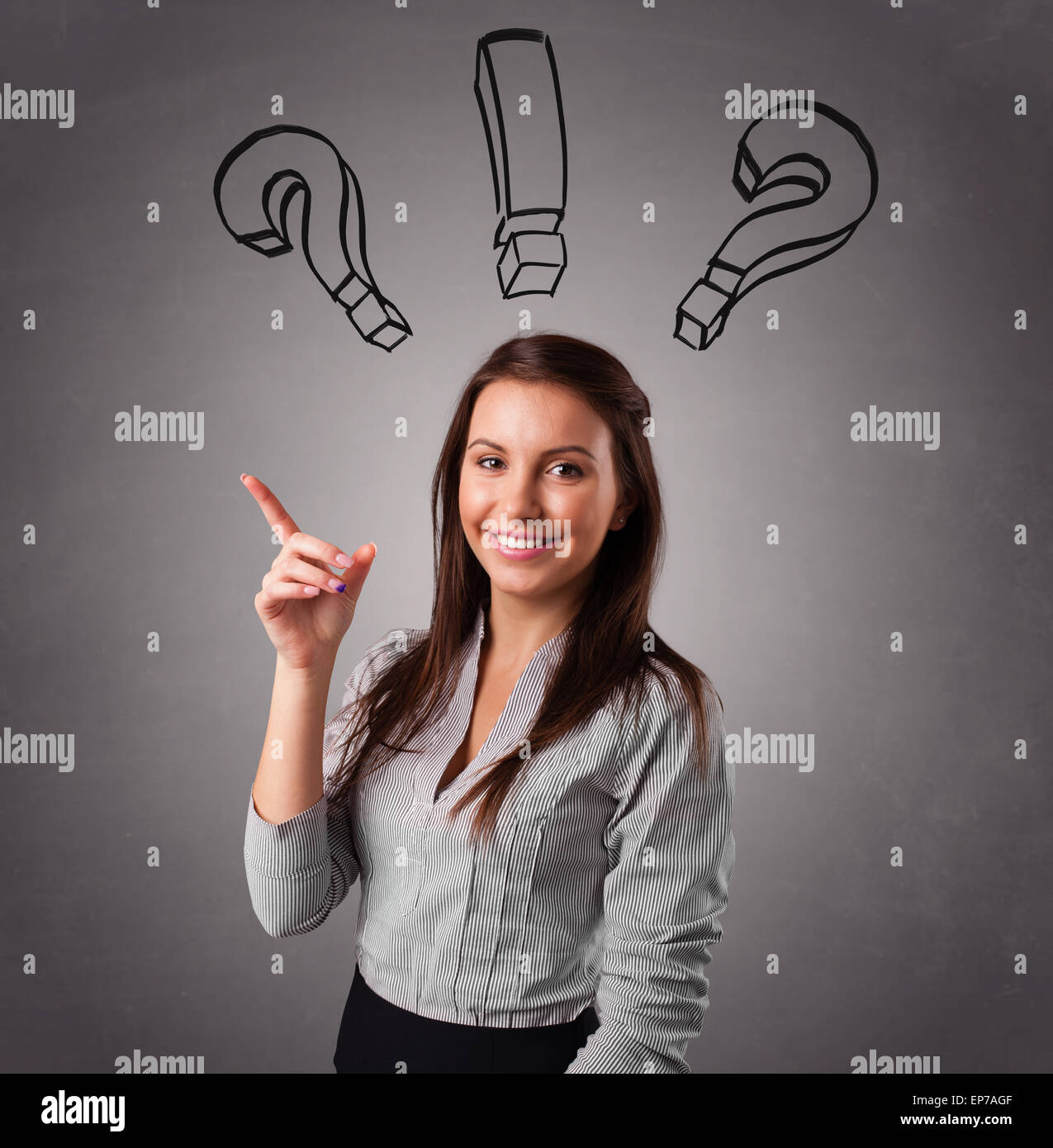 Young lady thinking with question marks overhead Stock Photo - Alamy