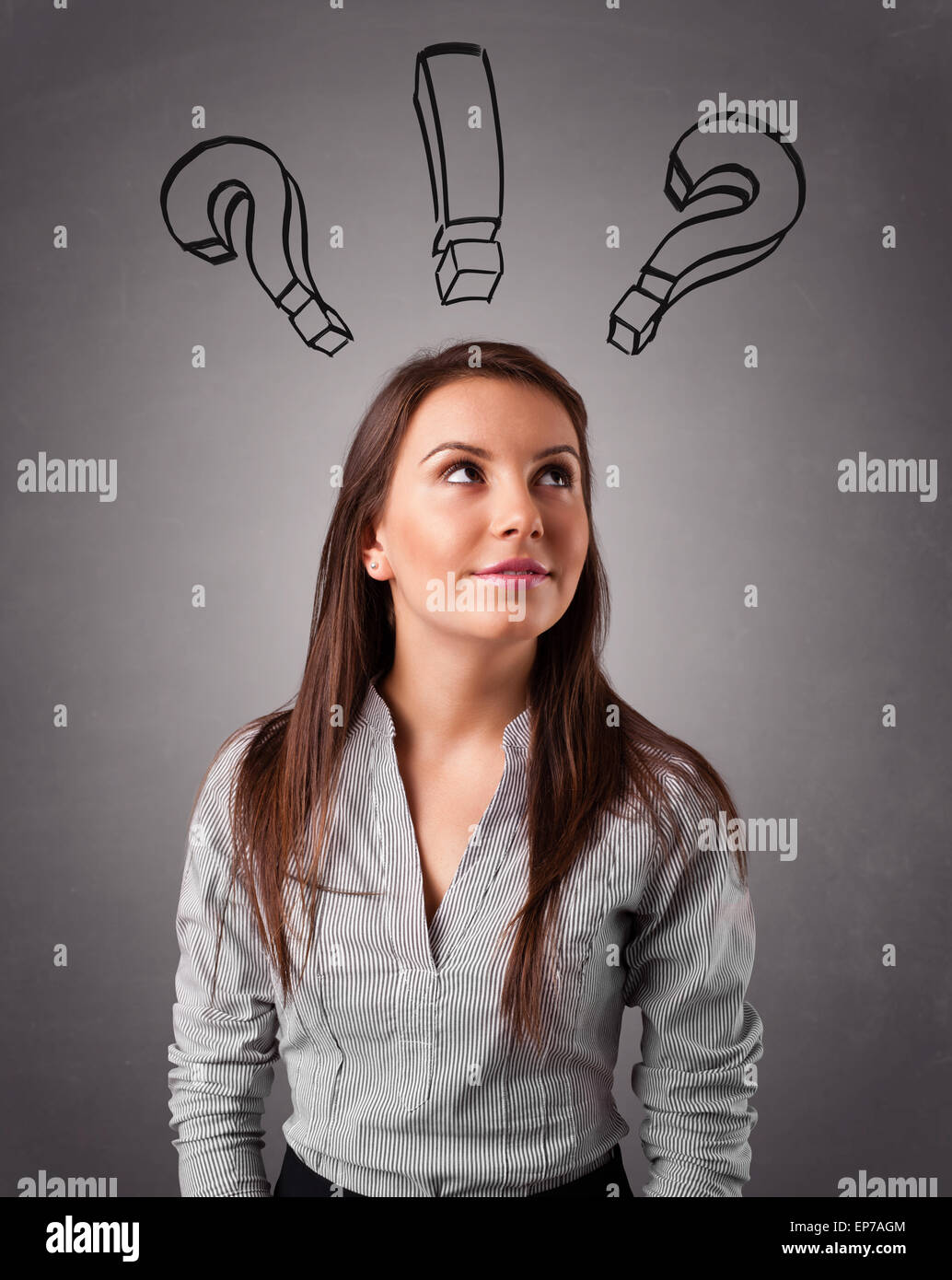 Young lady thinking with question marks overhead Stock Photo - Alamy